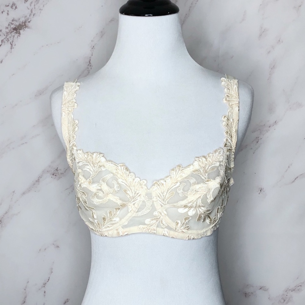 Vintage La Perla Ivory Sheer Floral Embroidered Demi … - Gem